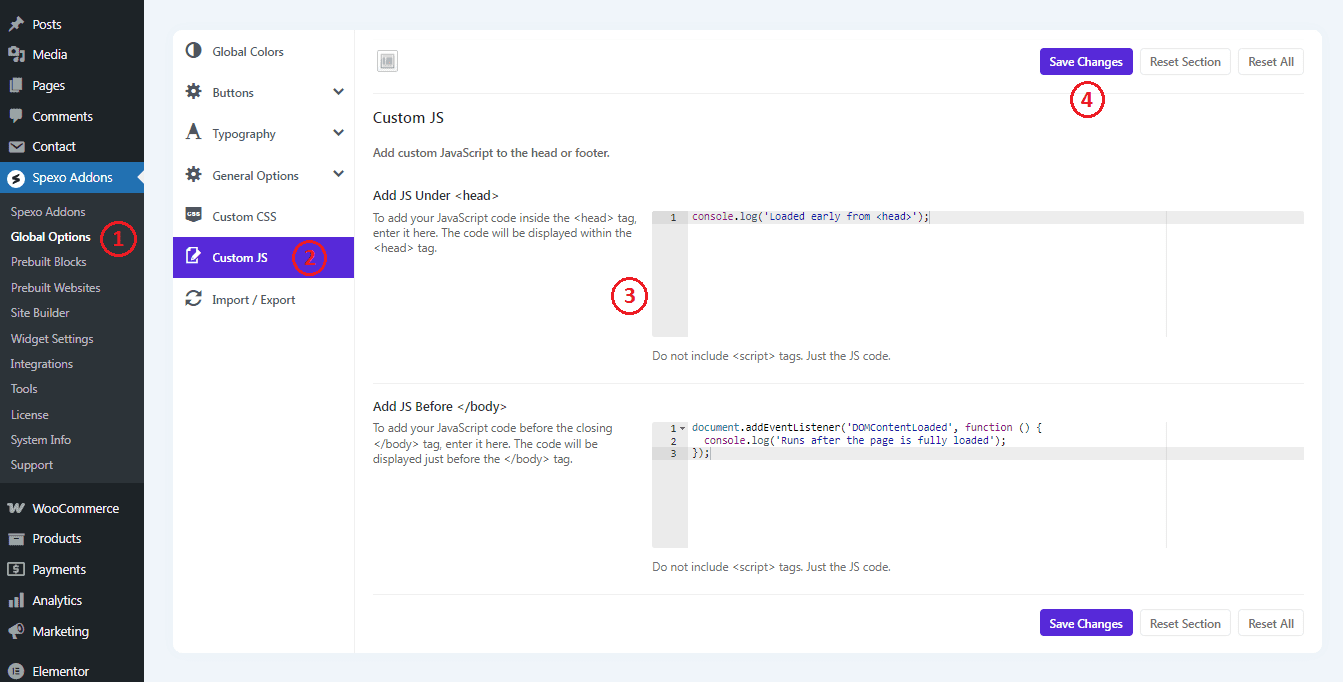 How To Add Custom JavaScript In Spexo Theme - Spexo Elementor Addons